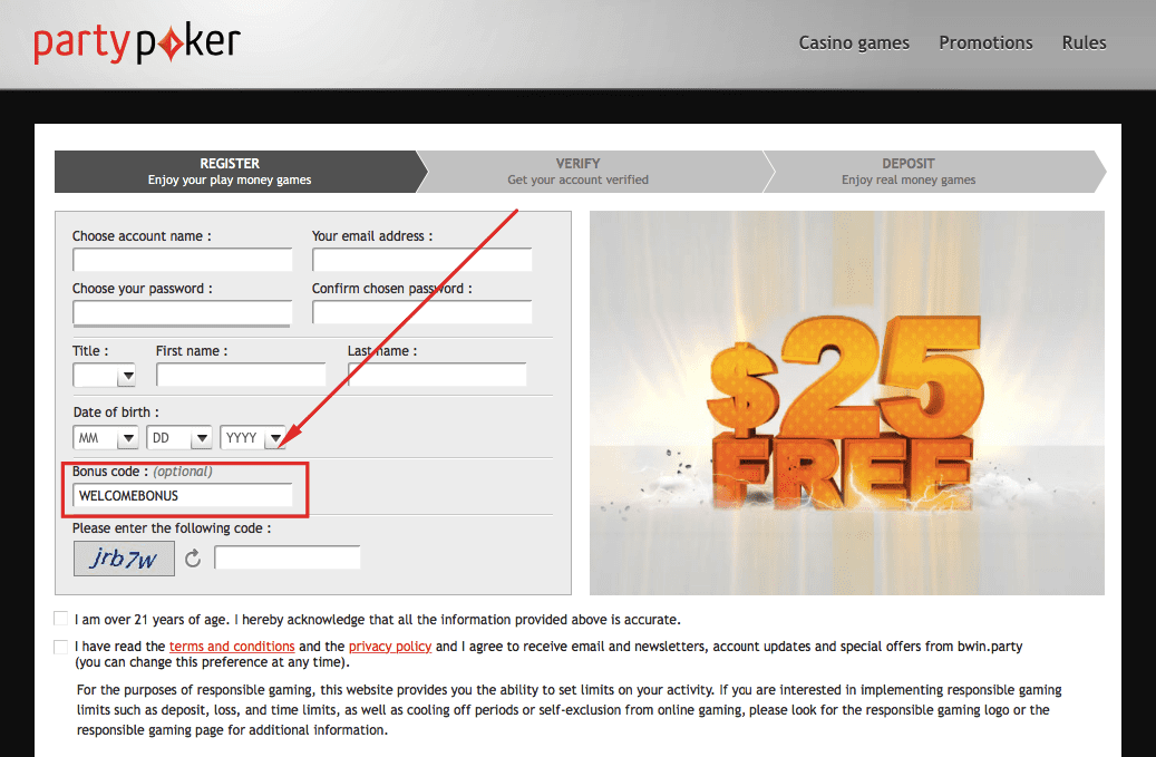 Party Casino Bonus Code & Party Poker Promo Code - $25 Free